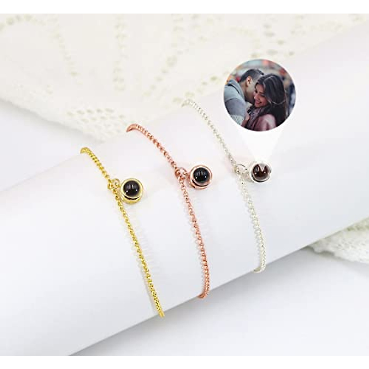 Kislumi Custom Bracelets with Picture Inside, Dainty Bracelet for Women, Customized Projection Bracelets with Photos, Picture Bracelet Personalized Photo, Memorial Gifts for Women/Family/Dog, Silver, Gold, Rose Gold