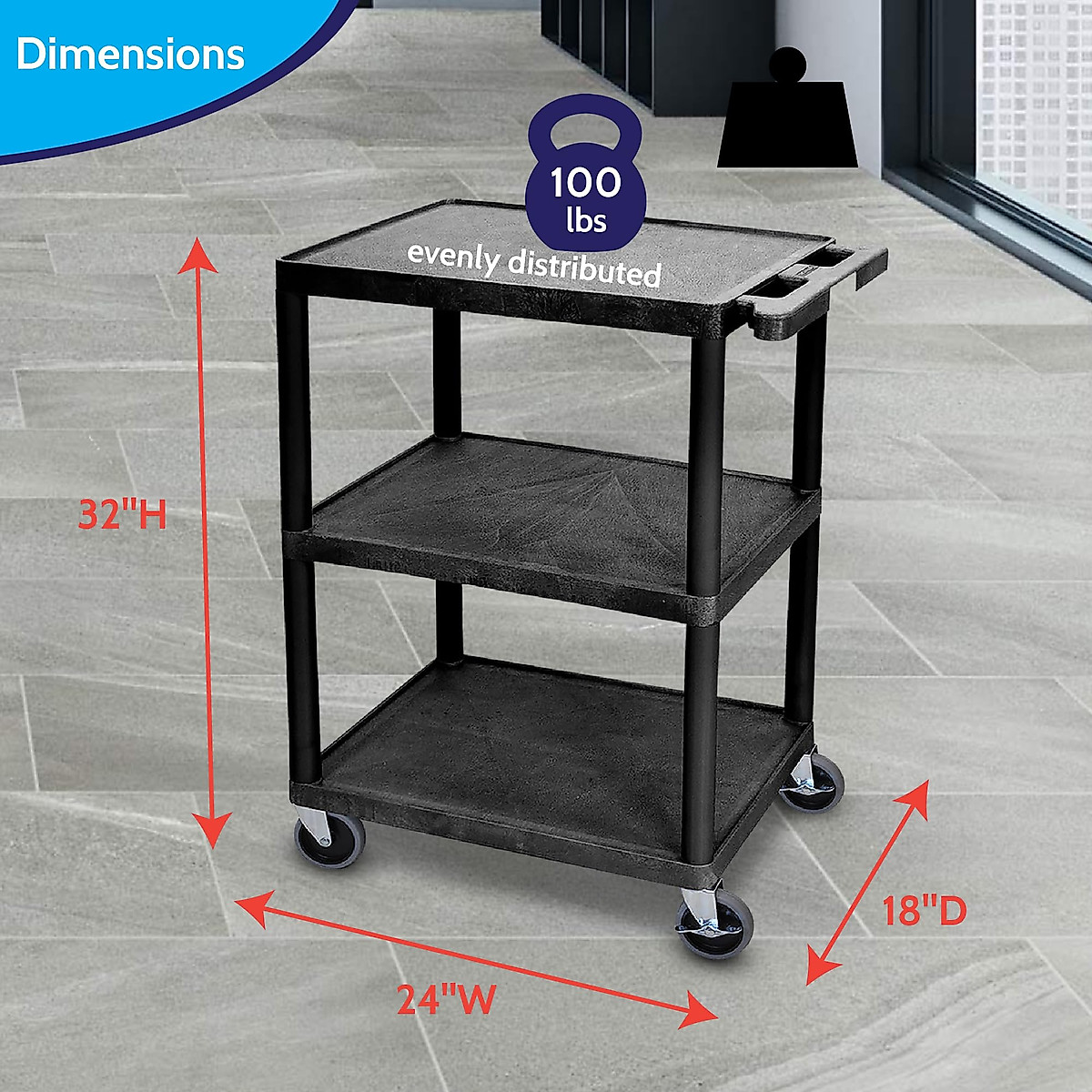 LUXOR STC222-B 3-Shelf Utility Cart, Black