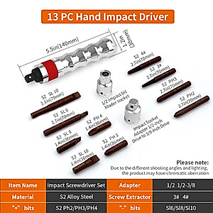 Pikwo Hand Manual Reversible 1/2-inch 3/8-inch Impact Driver Set Extractor-13PCS Impact Screwdriver S2 Steel Disengage Rusted Fasteners or Frozen Bolts