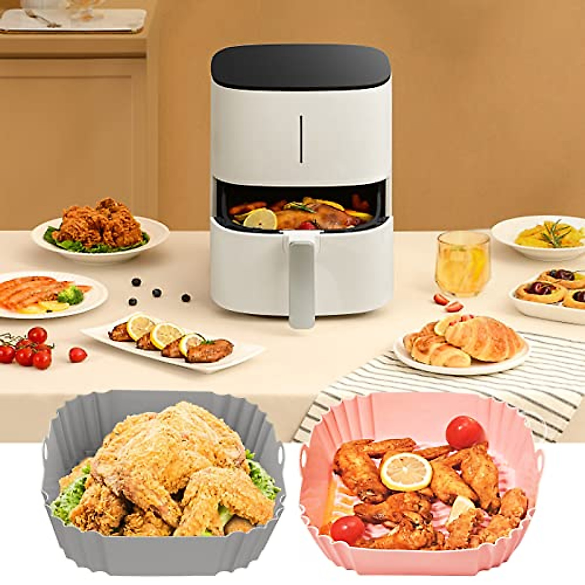 2 Pcs Air Fryer Square Silicone Liners, 8 inch for 4 to 7QT Reusable Silicone Pot for Air Fryer Basket Easy Clean or Oven Microwave Air Fryer Accessories Basket (Grey+Pink)