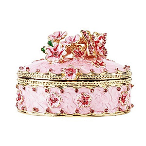 YU FENG Crystal Trinket Jewelry Boxes Hinged,Hand-Painted Pink Flower Butterfly Pattern Jeweled Box for Girls