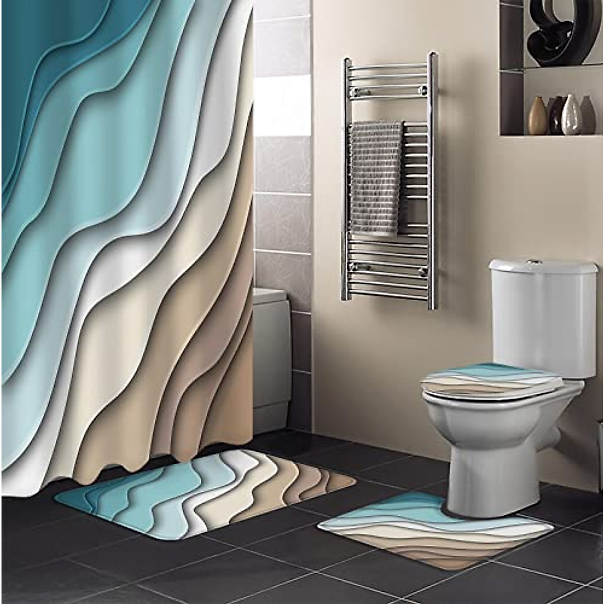 PakiInno Shower Curtain Sets 4 Piece Bathroom Decor Sets with Rugs, Ombre Abstract Geometry Gradient Teal to Brown Waterproof Shower Curtain Non-Slip Rug with Hooks for Tub-