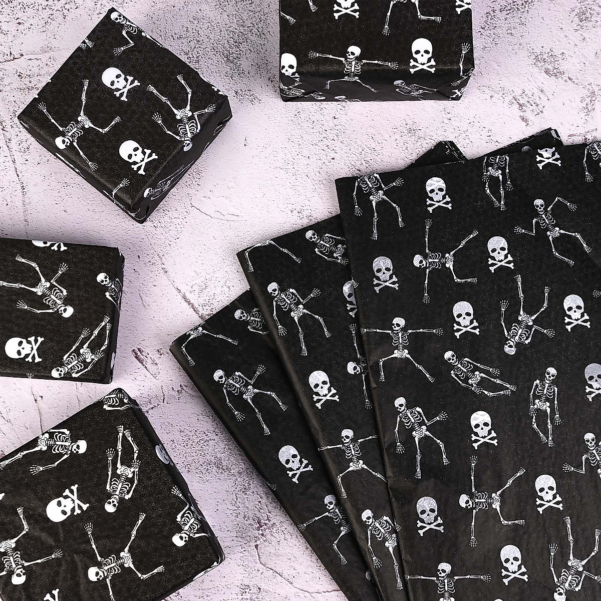 Bolsome 100 Sheets 20 × 14 Inches Halloween Tissue Paper for Gift Packaging Black White Dancing Skeleton Patterned Tissue Paper for Halloween Trick or Treat Party DIY Craft