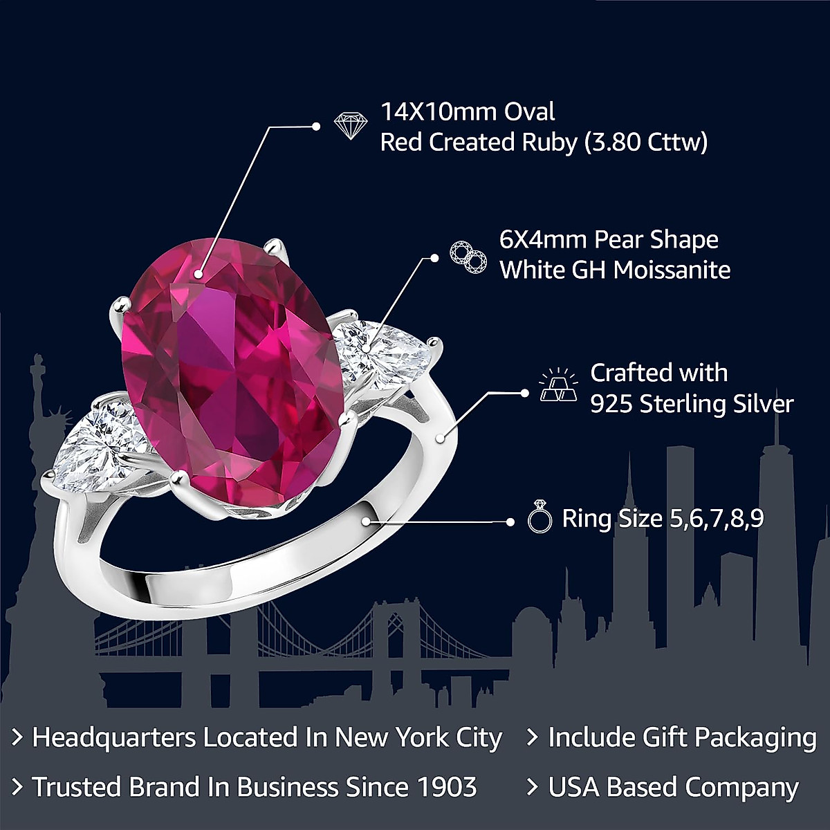 Gem Stone King 925 Sterling Silver Oval Red Created Ruby and White Moissanite 3 Stone Women Ring (3.80 Cttw, 14X10MM Oval and 6X4MM Pear Shape, Available In Size 5, 6, 7, 8, 9)