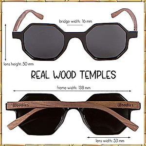 Woodies Polarized Walnut Wood Black Hexagon Sunglasses for Men and Women | Real Wooden Frame | 100% UVA/UVB Ray Protection