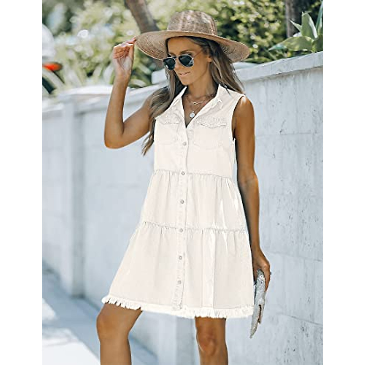 luvamia Women's Casual Summer Lapel Sleeveless Button Down Short Denim Jean Dress Denim Dress Women's White Plus Size Dresses for Women Brilliant White Size Xx-Large Fits Size 20 Size 22