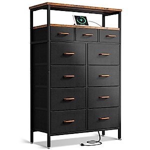 AODK Dresser with Charging Station, 59-Inch Tall Dresser for Bedroom with 11 Storage Drawers, Large Fabric Dressers with Sturdy Metal Frame and Wooden Top, Vintage