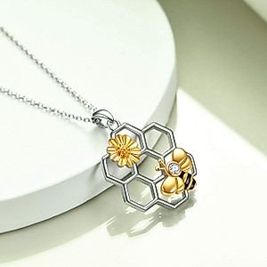 LUHE Bee Necklace 925 Sterling Silver Honeycomb Cute Flower Pendant Necklaces for Women Christmas Gifts for Her (Bee necklace)
