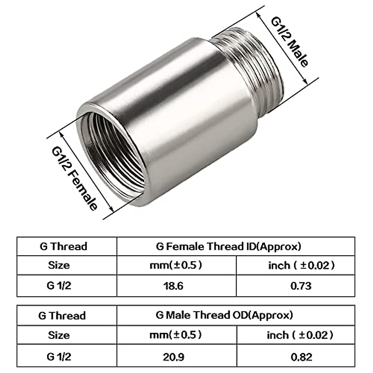 Beduan Shower Head Extension Tube Pipe Fittings, G 1/2 Male to G 1/2 Female BSP threaded Stainless Steel Round Shower Arm Extension Cast Fitting Coupler (40mm Length,2pcs)