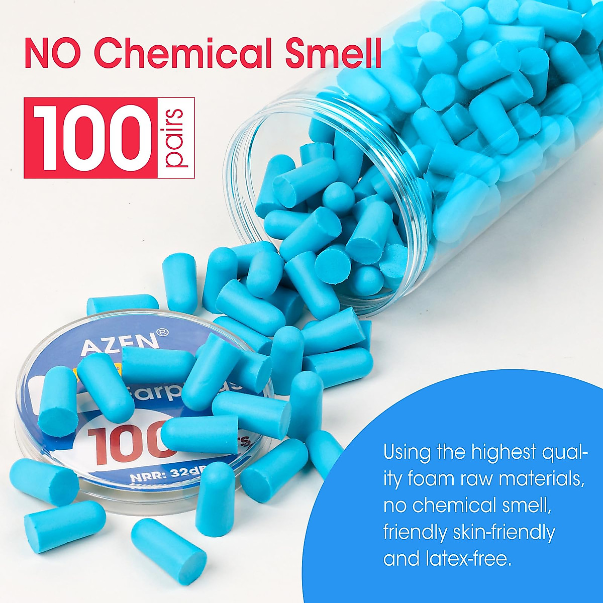 AZEN 100 Pairs Ear Plugs Bulk, NRR 32dB Soft Foam Ear Plugs for Sleeping Noise Cancelling, Earplugs for Concerts Shooting Swimming Noise Reduction (Lake Blue)