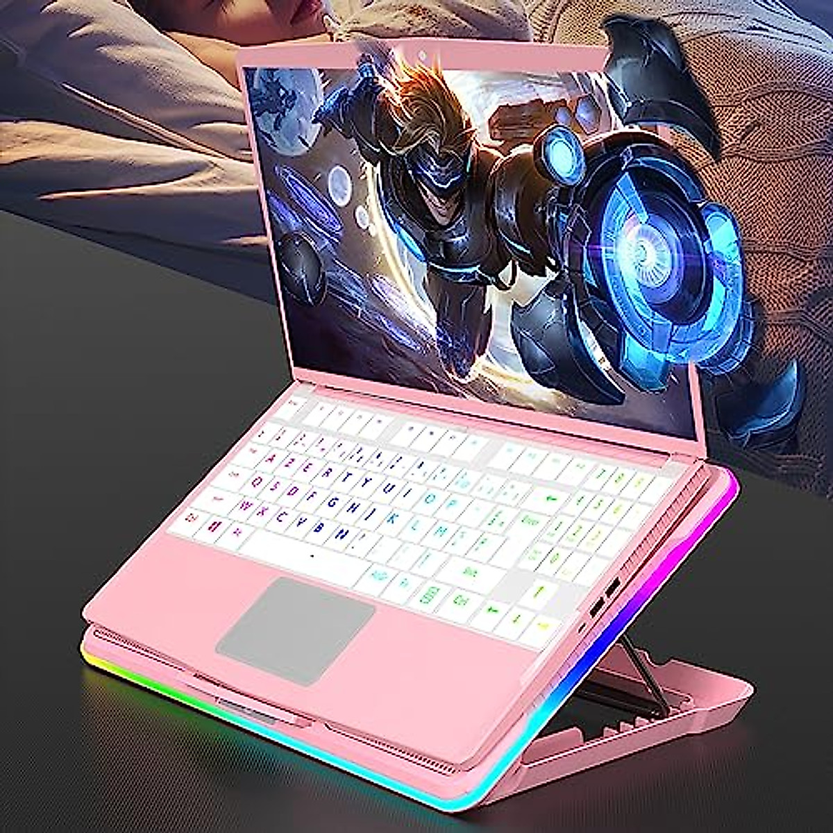 ANC160 Laptop Cooling Pad, Full Surround LED Strip, 15 Types of Lighting Effects, 3 Stepless Adjustment Quiet Fans, 7 Angle Adjustment, Supports up to 19 inch (Pink)