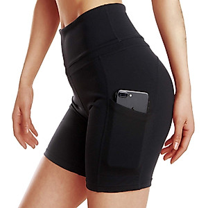 ChinFun Yoga Shorts for Women High Waist Tummy Control 4 Way Stretch Workout Running Shorts Side Pockets Black Size M