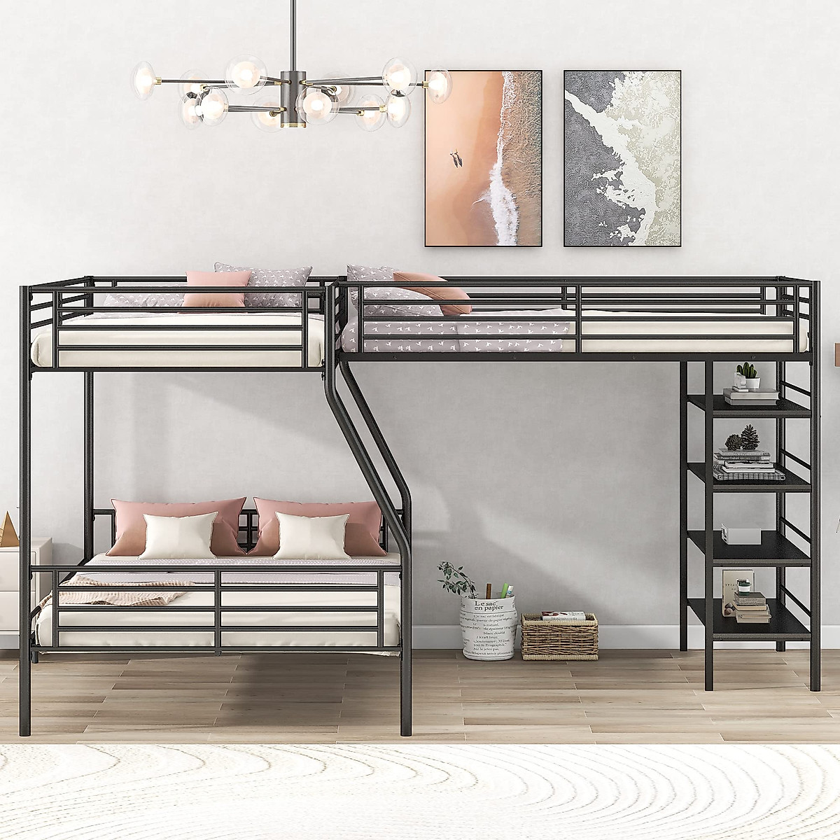 RUNWON Twin Over Full L-Shaped Metal Bunk Bed w/Twin-Size LoftBed with Four Built-in Shelves for Kids Teens Bedroom