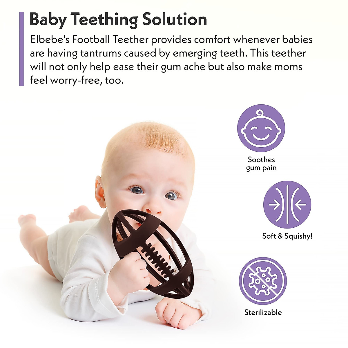 elbebe Silicone Football Baby Teether Toy -Teething Toys for Babies 0-6 months, BPA-free Baby Teething Toys, Chewable Baby Teethers 0-6 months, Baby Chew Toys for Teething Baby Relief -Chocolate Brown