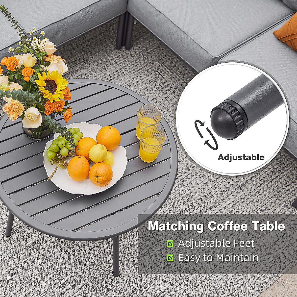 COMLAX FIELD Outdoor Patio Furniture, 6 Pieces Outdoor Sectional L-Shaped Sofa Patio Conversation Sets, Patio Furniture Set with Thick Cushions and Coffee Table for Garden, Poolside, Backyard, Grey