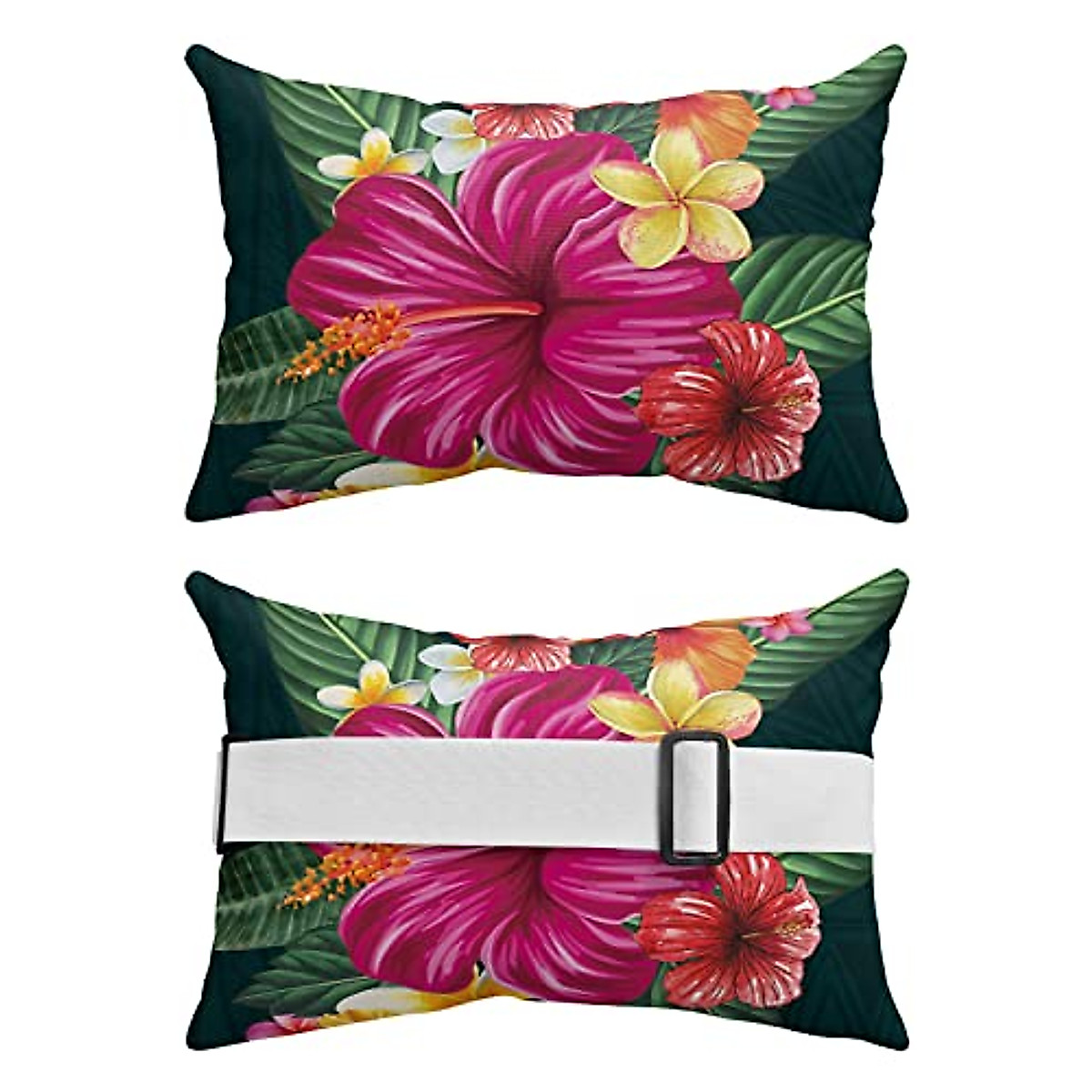 Recliner Head Pillow Ledge Loungers Chair Pillows with Insert Flower, Hibiscus Plumeria Rubra Lumbar Pillow with Adjustable Strap Outdoor Waterproof Patio Pillows for Beach Pool Chair, 2 PCS