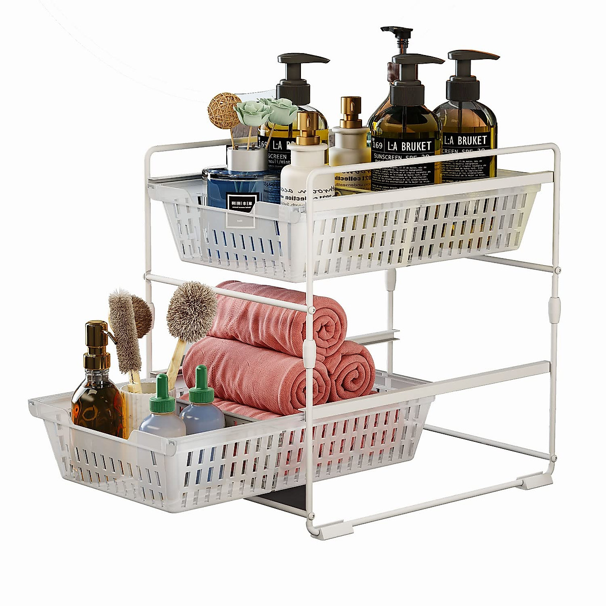 Under Sink Organizers and Storage,Bathroom Counter Organizer Shelf,2 Tier Pull Out Cabinet Organizer Baskets with Dividers,White