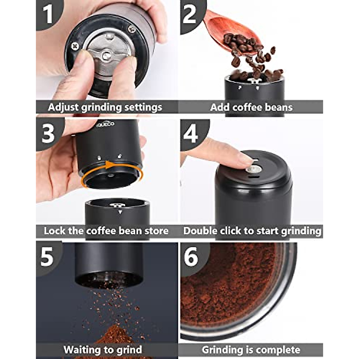 Portable Electric Burr Coffee Grinder: CONQUECO Small Coffee Bean Grinding Machine - Rechargeable Stainless Conical Burr Grinders with Multiple Grind Settings, 20g (with Brush)