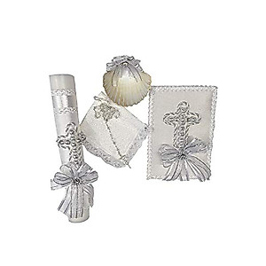 SWEA Pea & Lilli White Pearl Cross Baptism Candle Set Kit for Christenings with Shell and Favors