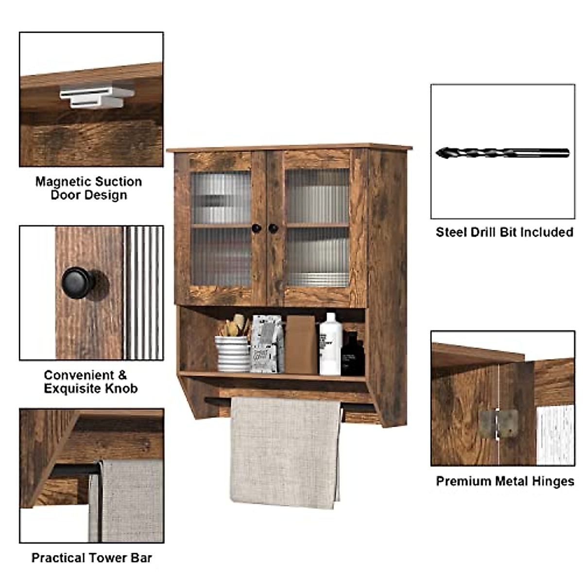 Tohomeor Bathroom Wall Cabinet with Towels Bar Wooden Medicine Cabinet with 2 Doors Wall Mounted Storage Cabinet Over Toilet Bathroom Cabinet (Brown)