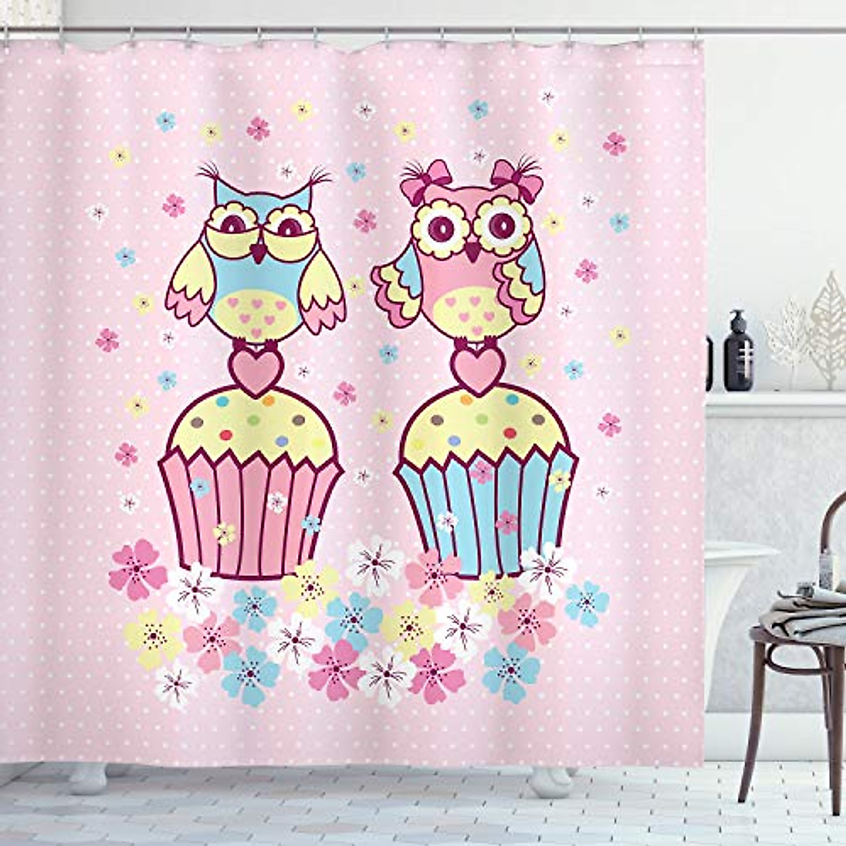 Ambesonne Owls Shower Curtain, 2 Owl Couples on Cupcakes Springtime Happiness Romantic Art, Cloth Fabric Bathroom Decor Set with Hooks, 69" W x 84" L, Pale Pink Sky Blue