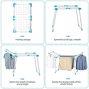 YUBELLES Clothes Drying Rack, Gullwing Laundry Rack, Collapsible, Space-Saving Laundry Rack, with Bonus Sock Clips, for Clothes, Towels, Linens, Indoor/Outdoor, Cyan