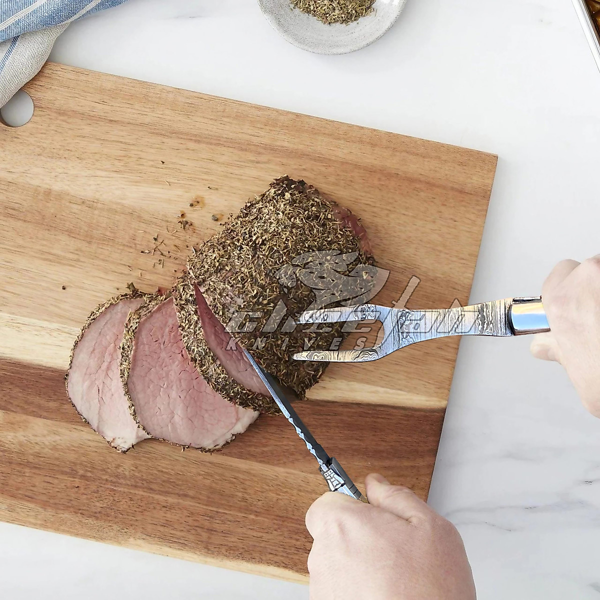 Cheetah Knives Damascus Carving Knife Set with Sheaths, Set of 2 with 12.5" Carving Fork & 12.5" Slicing Knife for Meat Cutting,Turkey,BBQ & Brisket, Made with Natural Olive Wood Handle