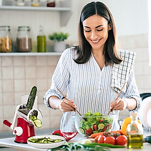X Home Rotary Cheese Grater for Kitchen, Shredder with 3 Interchangeable Blades, Rotary Grater with Handle and Strong Suction Base, for Vegetables, Fruit, Nuts, Easy to Use and Clean, Red