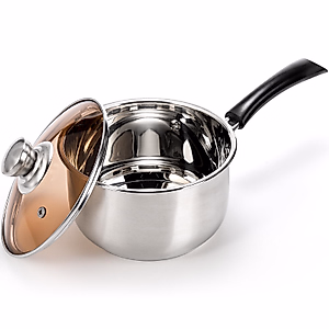 ZEAYEA Saucepan with Glass Lid, 2 Quart Stainless Steel Milk Pan with Long Heatproof Handle, Multipurpose Induction Small Pot for Home Kitchen Restaurant Cooking