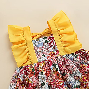Toddler Infant Girl Flower Dress + Sun Hat 2Pcs Summer Boho Floral Ruffle Sleeve Tutu Dresses Baby Clothes Set (12-18 Months, Yellow)