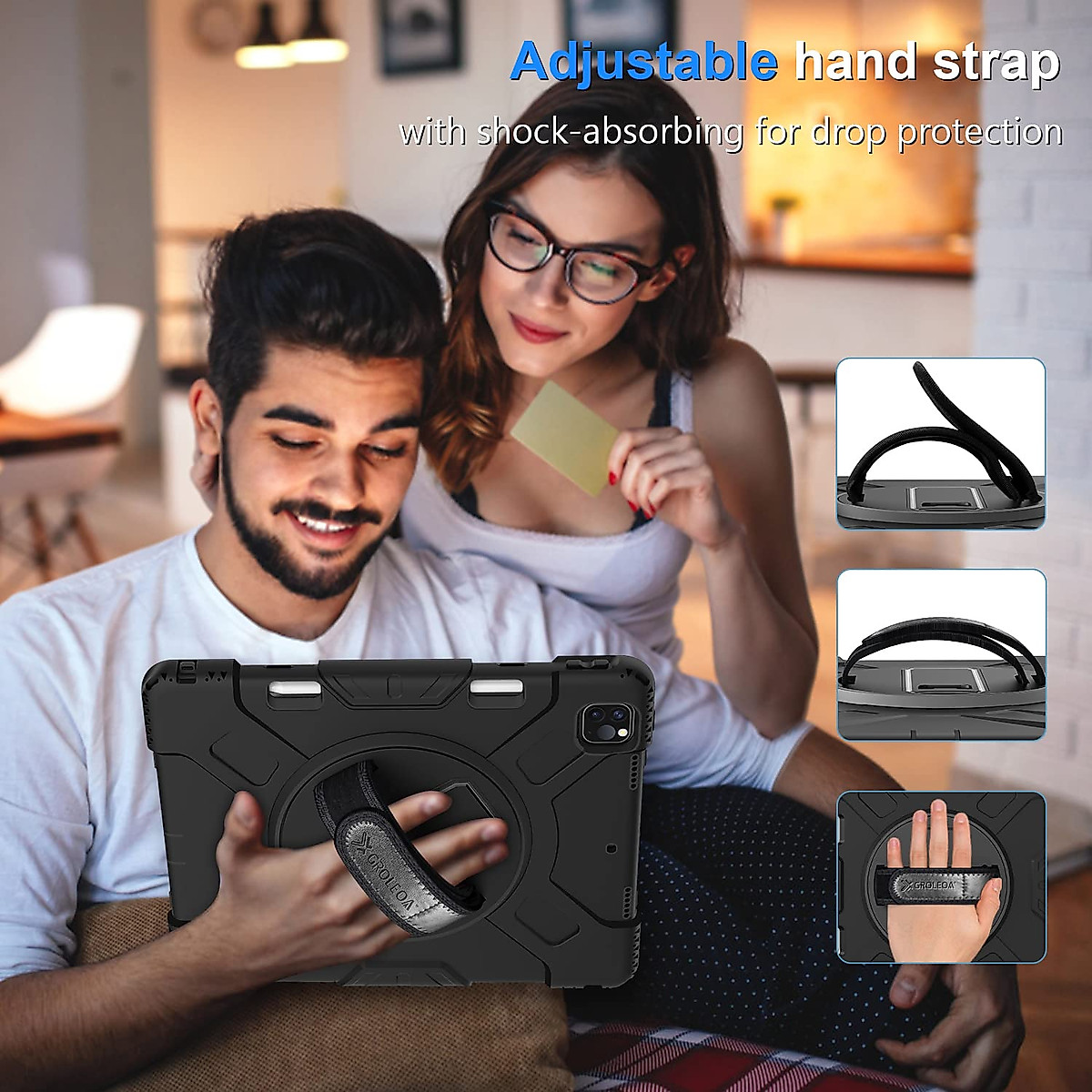 GROLEOA for iPad Pro 12.9 Case 2022/2021/2020 with Pencil Holder Screen Protector, iPad Pro 12.9 inch 6th/5th/4th Generation Cover, Full Body Shockproof Protective Rubber Case W/Stand Strap, Black