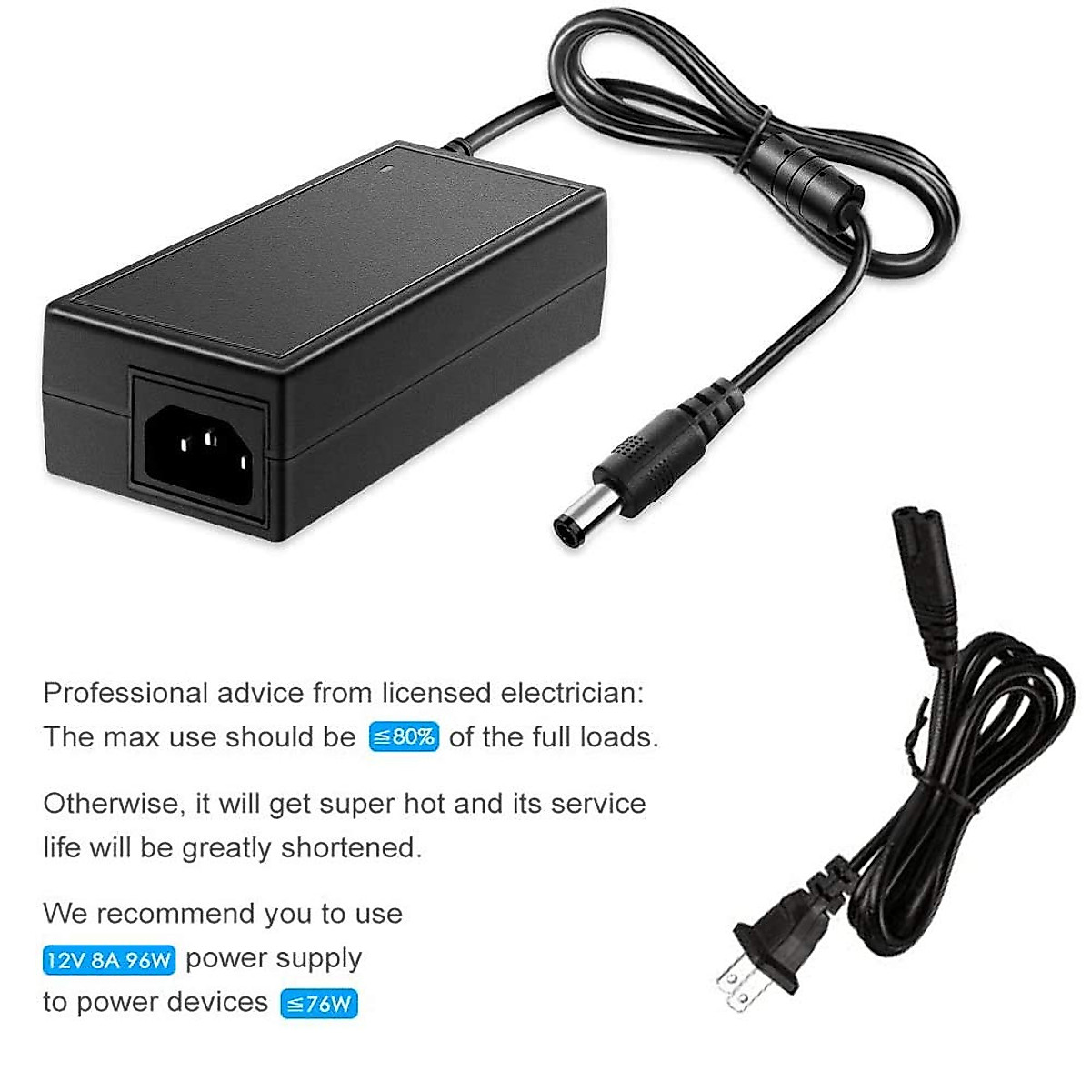 JOYLIT 12V 8A Power Supply Adapter, AC 110V-240V Convert to DC 12 Volt 8Amp Transformer with 2.1 X 5.5mm US Plug 3.6ft Cord Adaptor for LED Light Strip, CCTV Camera