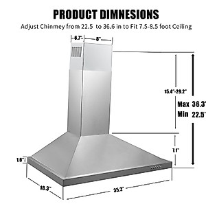 Zomagas 36 inch Range Hood, Wall Mounted Vent Hood in Stainless Steel, Ducted/Ductless Kitchen Hood w/Push Button Control, 3 Speed Exhaust Fan, 3 Pcs Baffle Filters, Energy Saving LED Light