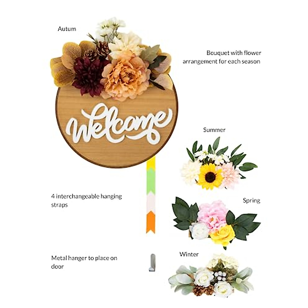 Interchangeable Welcome Sign For Front Door - Seasonal Flower Decor Welcome Home Sign - Outside Porch Hanging Door Decorations Wreath Flowers