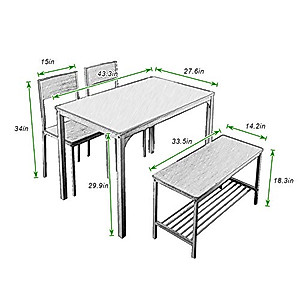 DlandHome Dining Table Set, Kitchen Table Set Breakfast Table Set, 4 Piece Kitchen Dining Room Table Sets with 2 Chairs and 1 Bench, Kitchen Coffee Table Set Modern Table Set