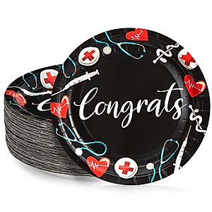 Sparkle and Bash 80 Pack Nurse Paper Plates for Nursing Graduation Party Supplies, Congrats and Medical Symbol Designs, for Student Nurses, Doctors, Medical Professionals (9-Inch Diameter)