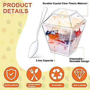 600 Pcs 3.4 oz Plastic Dessert Cups Parfait Cups with Lids and Spoons Mini Appetizer Cups Clear Square Disposable Cups Dessert for Pudding Fruit Ice Cream Wedding Baby Shower Birthday Decorations