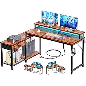 Furologee L Shaped Computer Desk with Drawer, Reversible Corner Desk/83 Long Desk with LED Lights & Power Outlets, Home Office Gaming Table with 2 Shelves and Monitor Stand-(47.2+39.4) in
