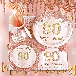 Visgo 90th Birthday Party Supplies for Women - 122 PCS 90th Birthday Decorations for Women, Serve 24 with Safe & Durable 90th Birthday Plates and Napkins -Complete 90th Birthday Party Decorations Set!