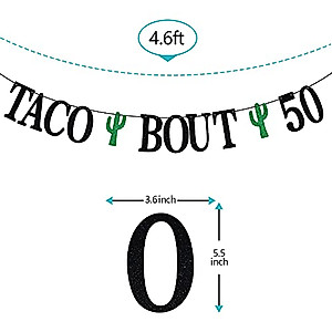 Taco Bout 50 Banner with Cactus Decorations, Cheers to 50 Years, 50 Taco Party Decor, 50th Birthday/Wedding Anniversary Party Decoration Supplies Black Green Glitter.