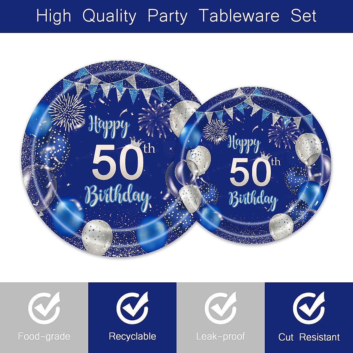 96 Pcs Blue 50th Birthday Party Plates Napkins Tableware Set Happy Birthday Supplies Navy Blue and Silver Disposable Dinnerware Decoration Favors for Women Men 24 Guests