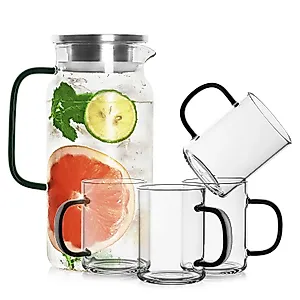 LUXU 42oz Glass Pitcher Set,Contain a 42oz Glass Pitcher and 4 coffee mugs with Dark Green Handle,Premium Kettle set for Daily Use,Pretty Teapot Idea For Tea Lovers