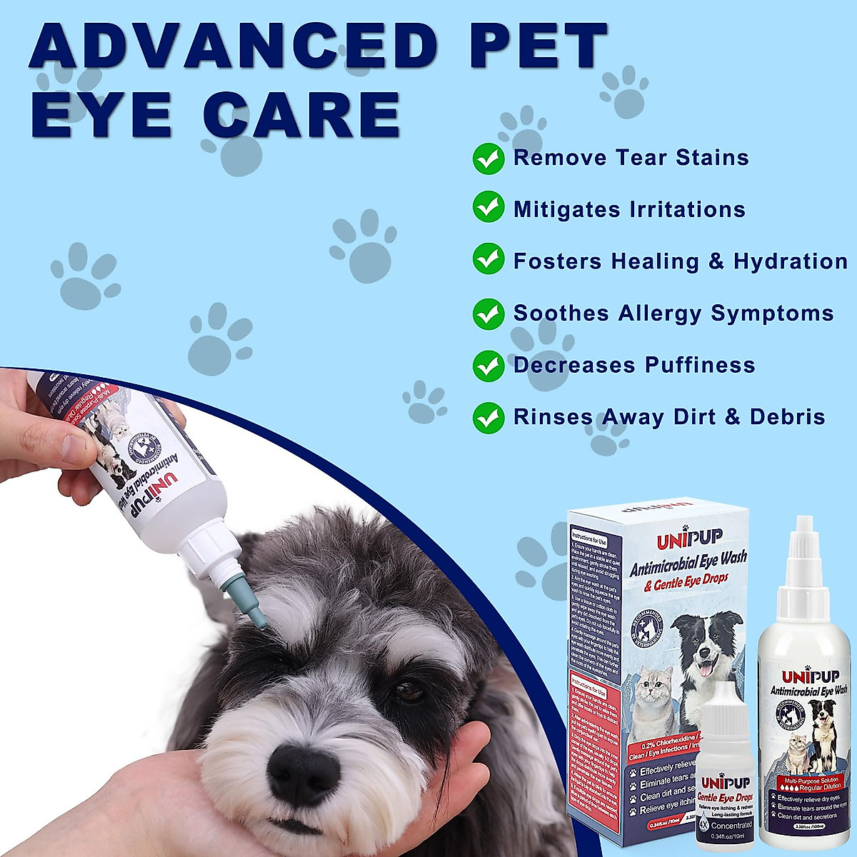 UNIPUP Dog Eye Wash 3.38 fl. oz and Eye Drops 0.34 fl. oz Set for Dogs and Cats to Flush and Soothe Eye Irritations, Dog Tear Stain Cleaner, for Allergies, Mucus, Irritation and Weepy Eyes