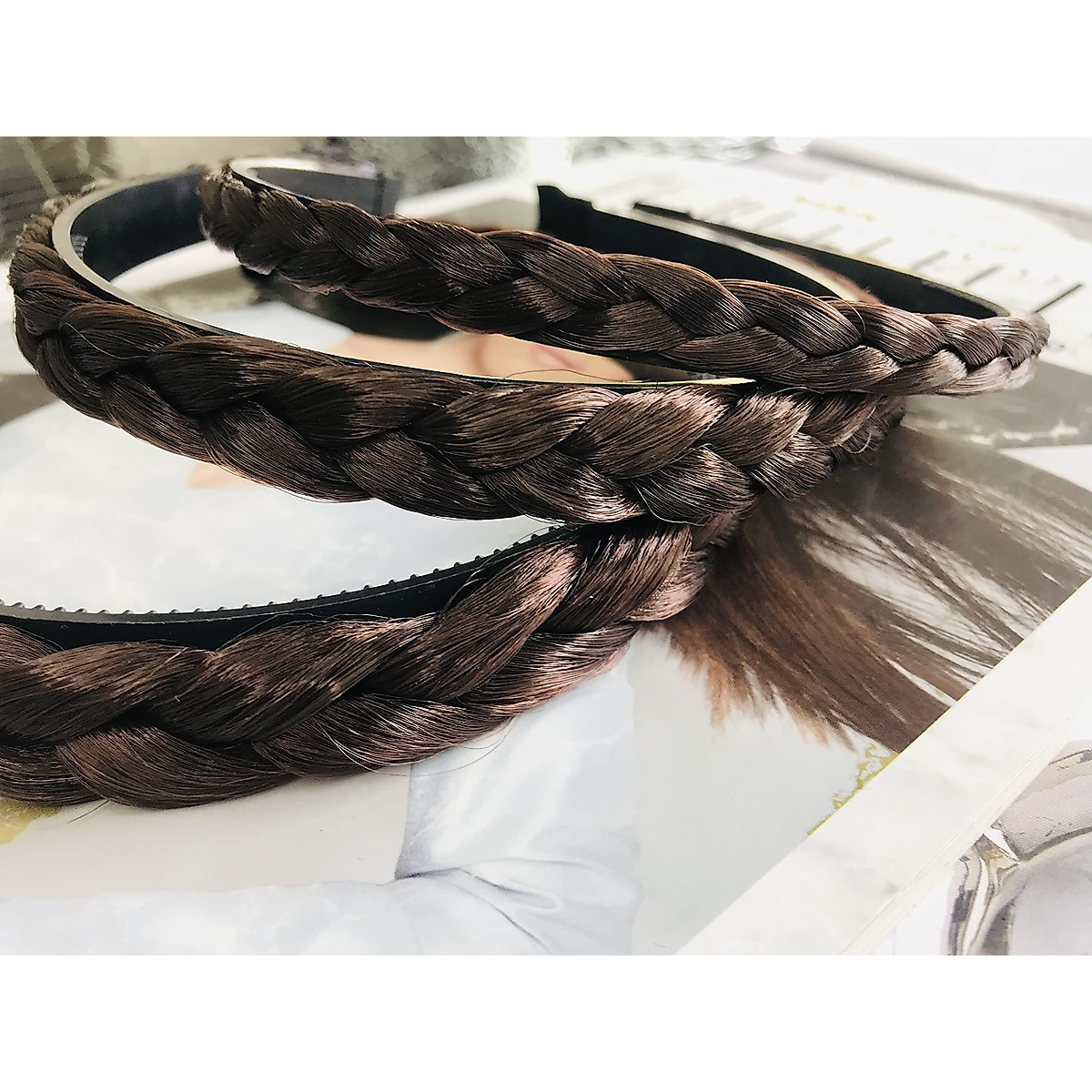 MeeTHan 3 PCS Headband Synthetic Hair Plaited Headband Braid Braided With Teeth Hair Band Accessories for Women Girl Wide 1 / 1.5 / 2.0 CM : H7 (Brown-SML)