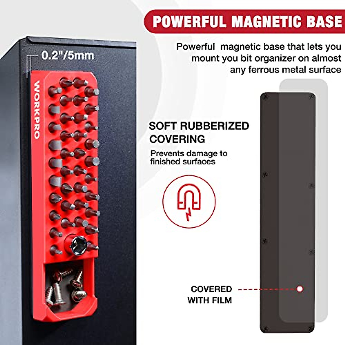 WORKPRO Magnetic Hex Bit Organizer, 39 Hole Screwdriver Drill Bit Holder Tray with Strong Magnetic Base, Accessories Storage Grid, for 1/4 Inch Hex Bit & Drive Bit Adapter, Red (Bits Not Included)