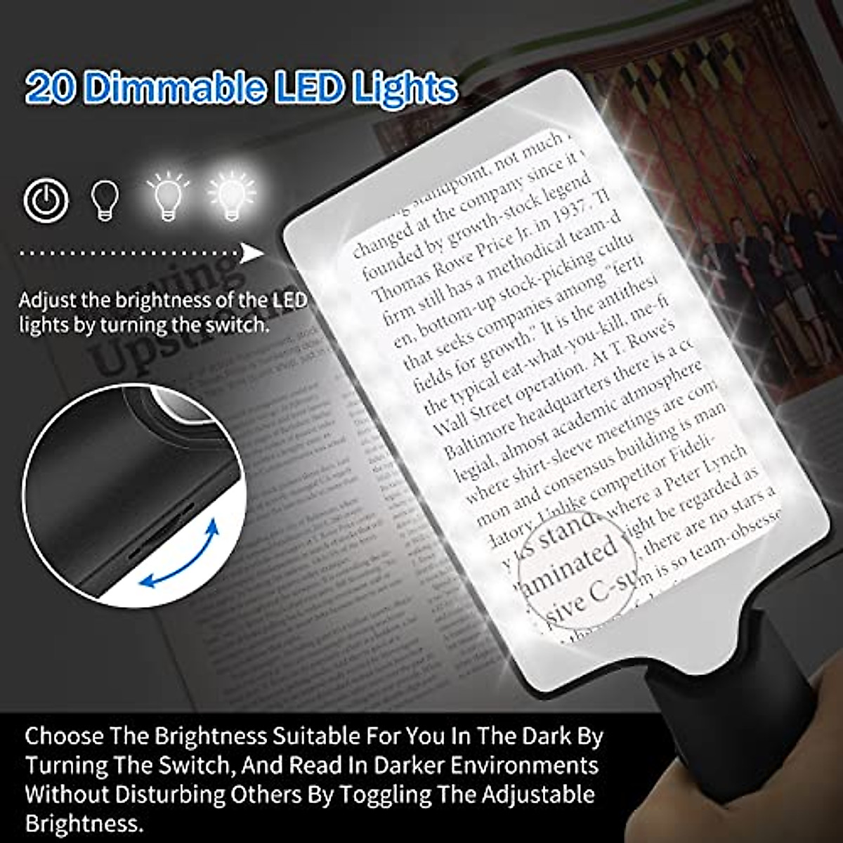 Magnifying Glass with Light, 4X 10X Black Magnifier with 20 Anti-Glare and Dimmable LED Lights Provides Evenly-Lit Viewing Area for Low Vision Seniors