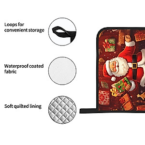 Oven Mitts and Pot Holders Set of 4 Happy Christmas Print Kitchen Oven Glove Fashion Heat Resistant Oven Gloves Set for BBQ Grill Baking Cooking Oven Microwave