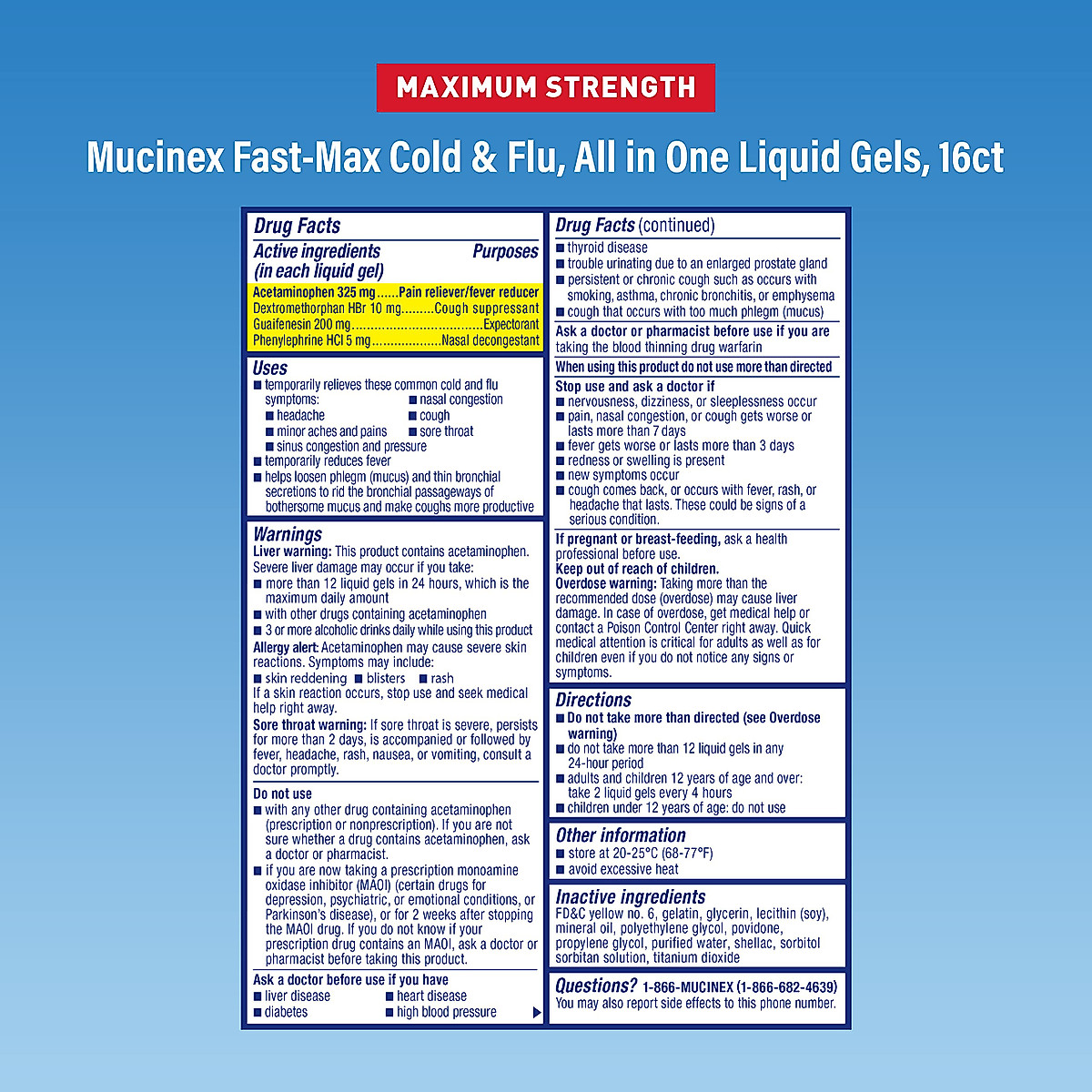 Mucinex Fast-Max Maximum Strength Cold & Flu All in One, Multi-Symptom Relief, Pain Reliever, Fever Reducer, Cough Suppressant, Expectorant, Nasal Decongestant, 16 Liquid Gels (Pack of 4)
