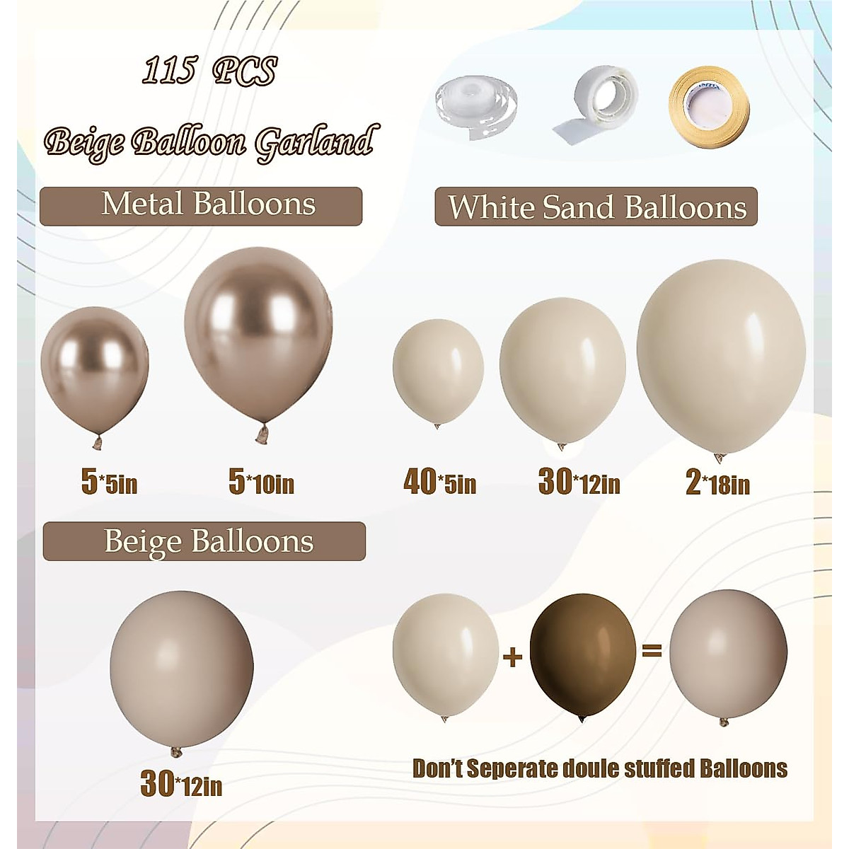 Boho Balloon Garland, 115PCS Beige Balloons Neutral Balloon Arch Kit with Champagne Balloon White Sand Double Stuffed Balloons for Birthday Party Wedding Bridal Shower Decorations (Beige)