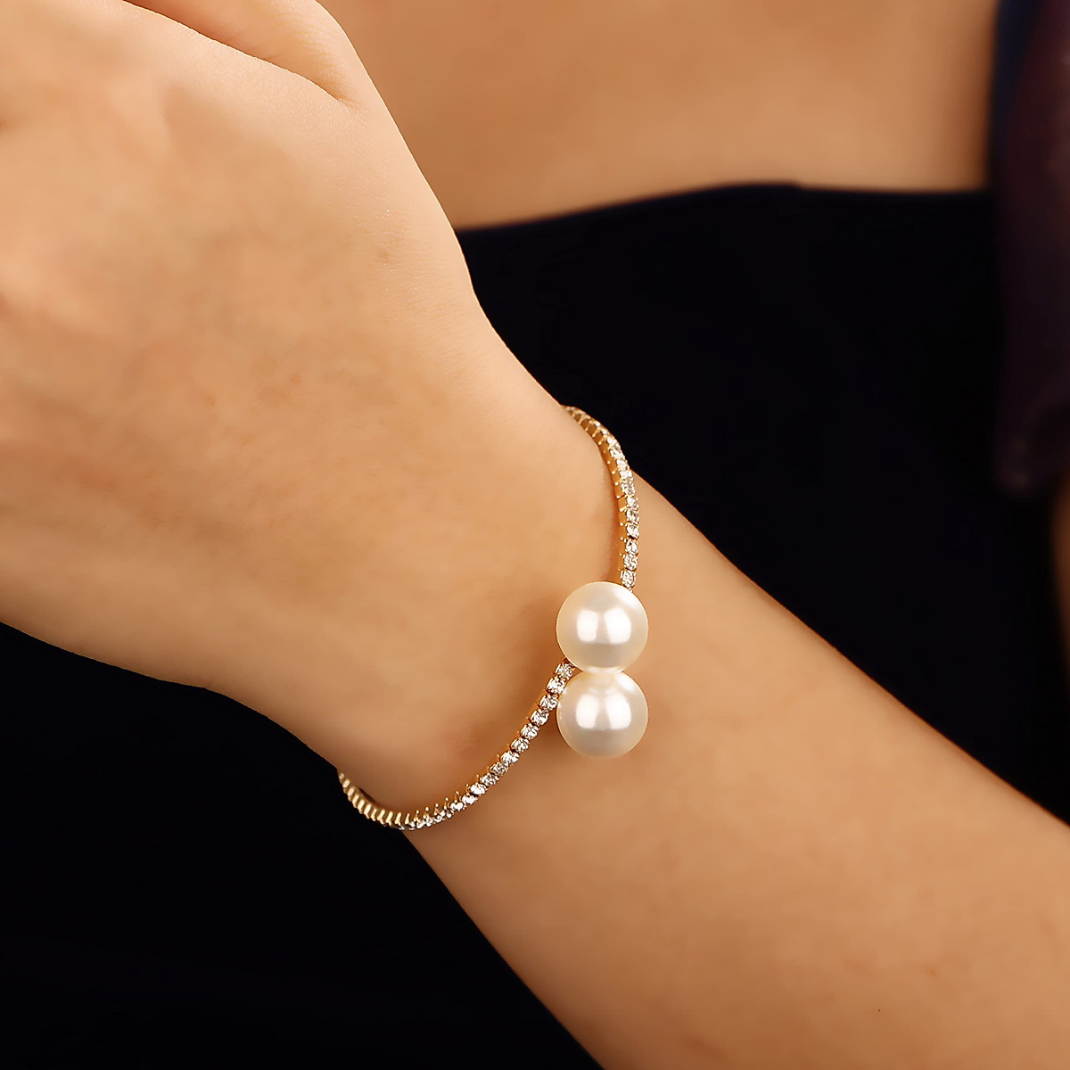 YERTTER Gold Full Rhinestone Crystal Pearl Open Bangle Bracelet Tennis Chain Cuff 1920s Pearl Cuff Bridal Bangle Bracelet Wedding Hand Chain Gift for Women Girls (Style A-Gold)